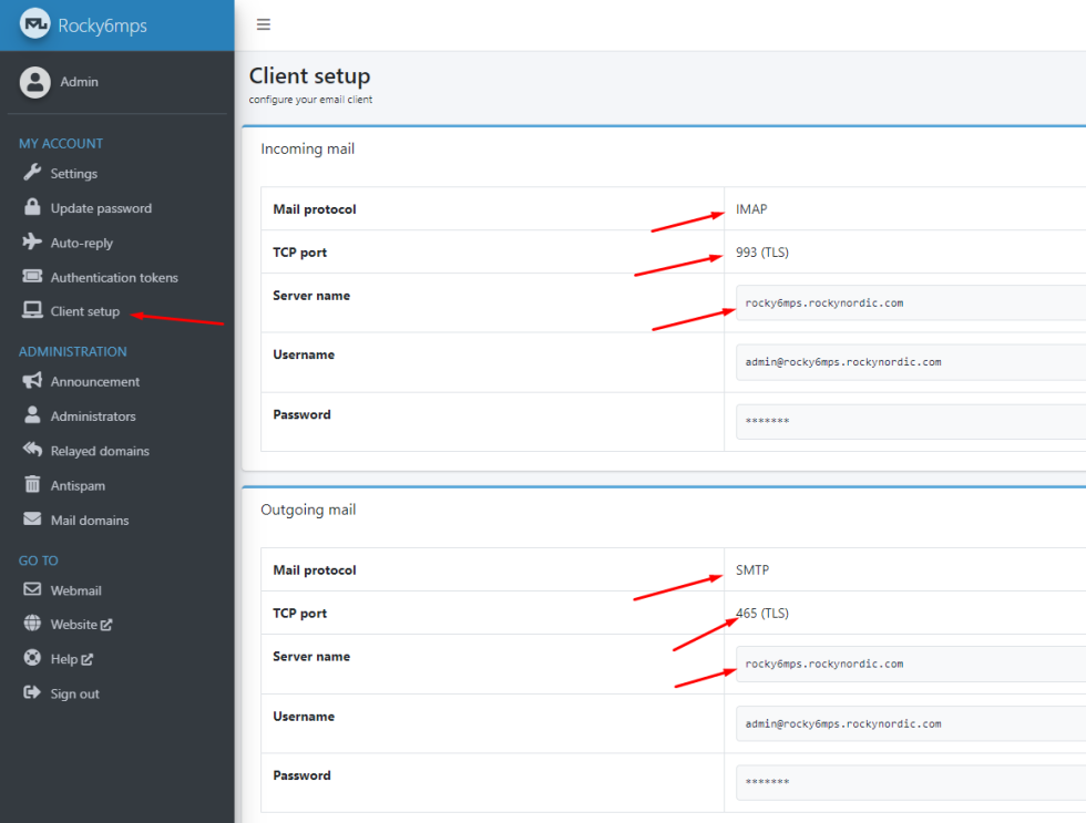 SMTP, IMAP/POP server names | RockyNordic